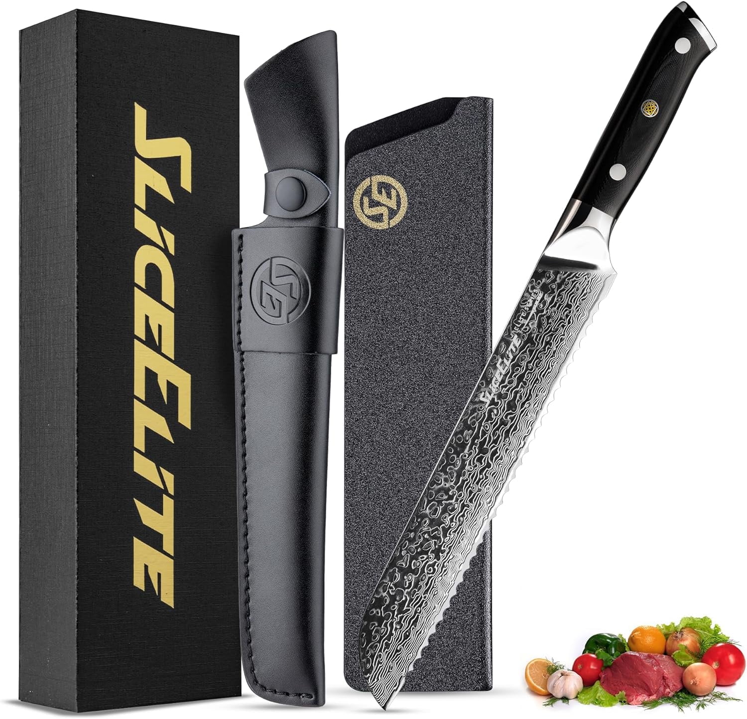SliceElite Elite Series 8-Inch Damascus Bread Knife – VG10 Steel ...