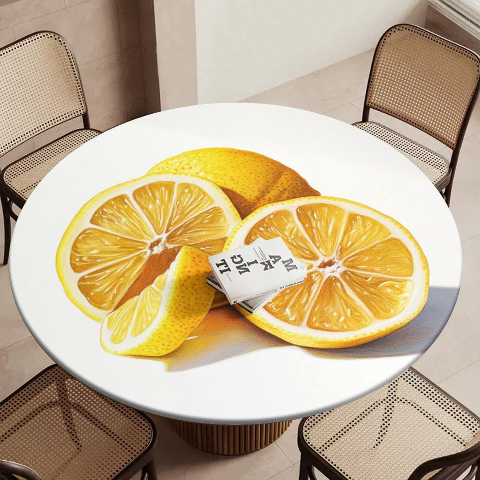 Sliced Lemons on White Background Round Table Cover Kitchen Printed ...