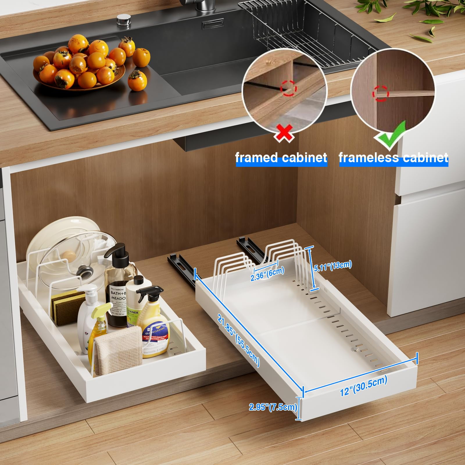 Slide Out Drawer Organizer for Cabinets, 21.8" Depth Adjustable with 4 ...