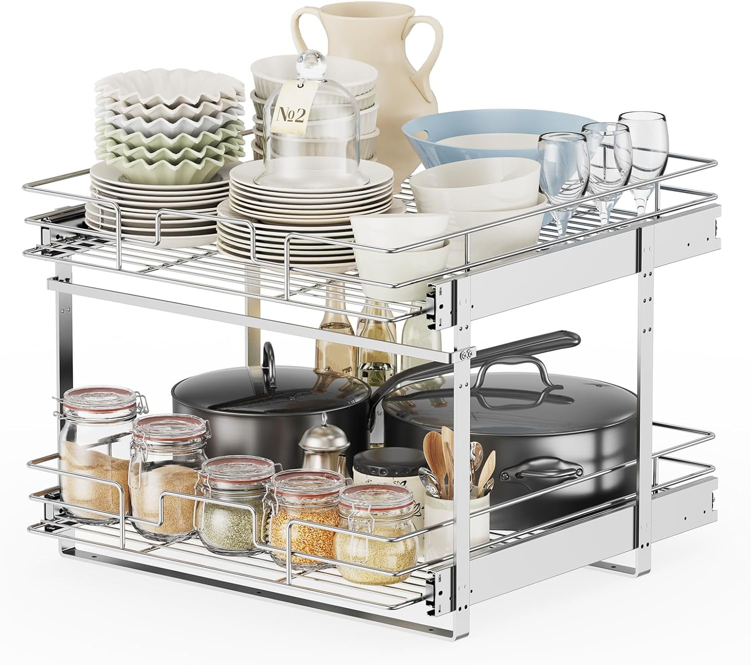 Slide Out Cabinet Organizer for Kitchen, 2 Tier Pull Out Shelves ...