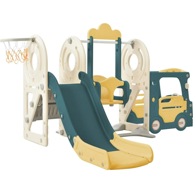 Toddler Slide and Swing Set with Bus Play Structure, Indoor Outdoor ...