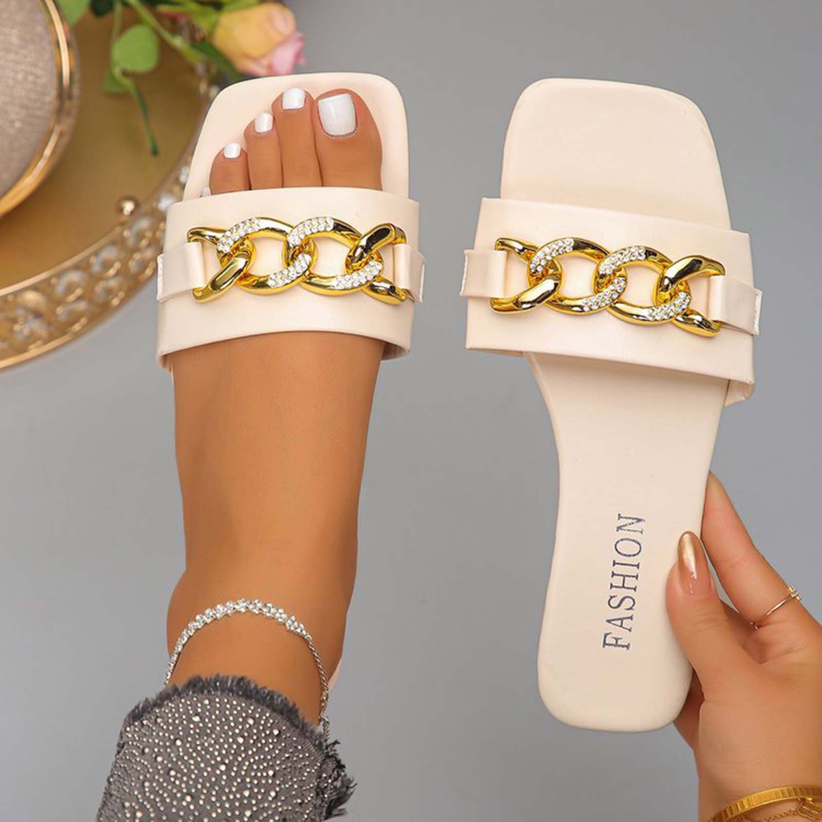 Slides for Women Clearance Wide Width Flat Sandals 2025 Faux Leather ...