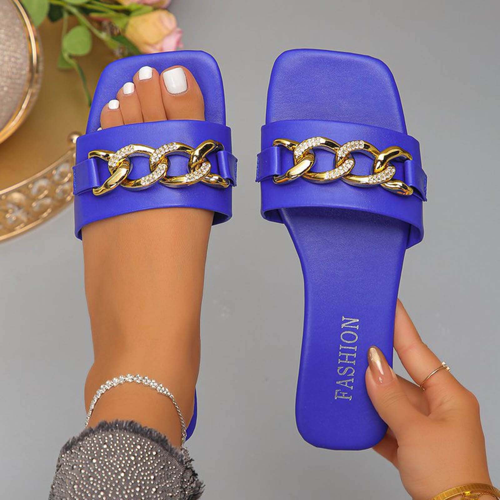 Slides for Women Clearance Wide Width Flat Sandals 2025 Faux Leather ...