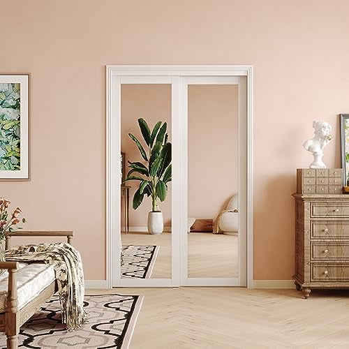 Sliding Closet Door, 48''(Double 25") x 80", 1-Lite Mirror Sliding Door ...