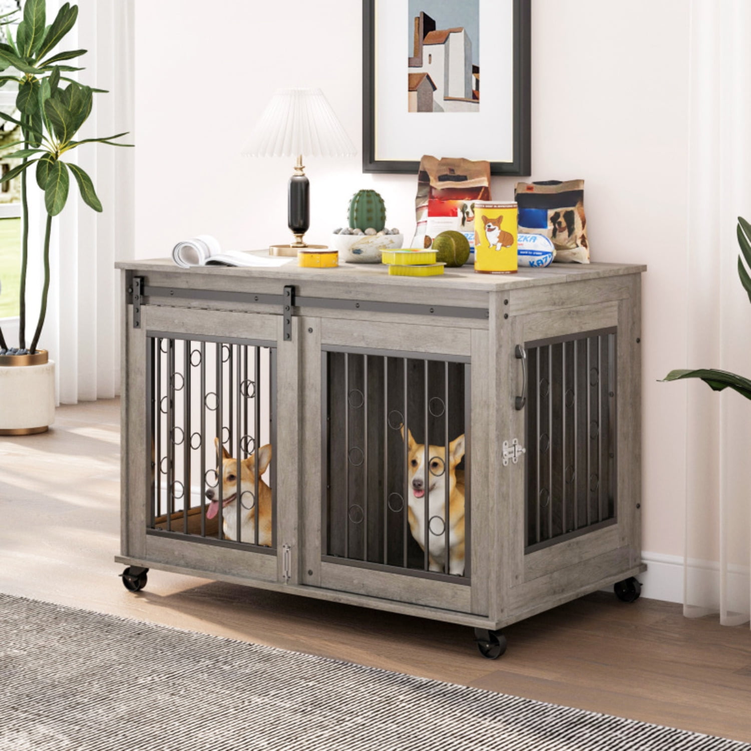 Sliding Door Dog Cage With Partition For Two Puppies Rustic Brown You ...