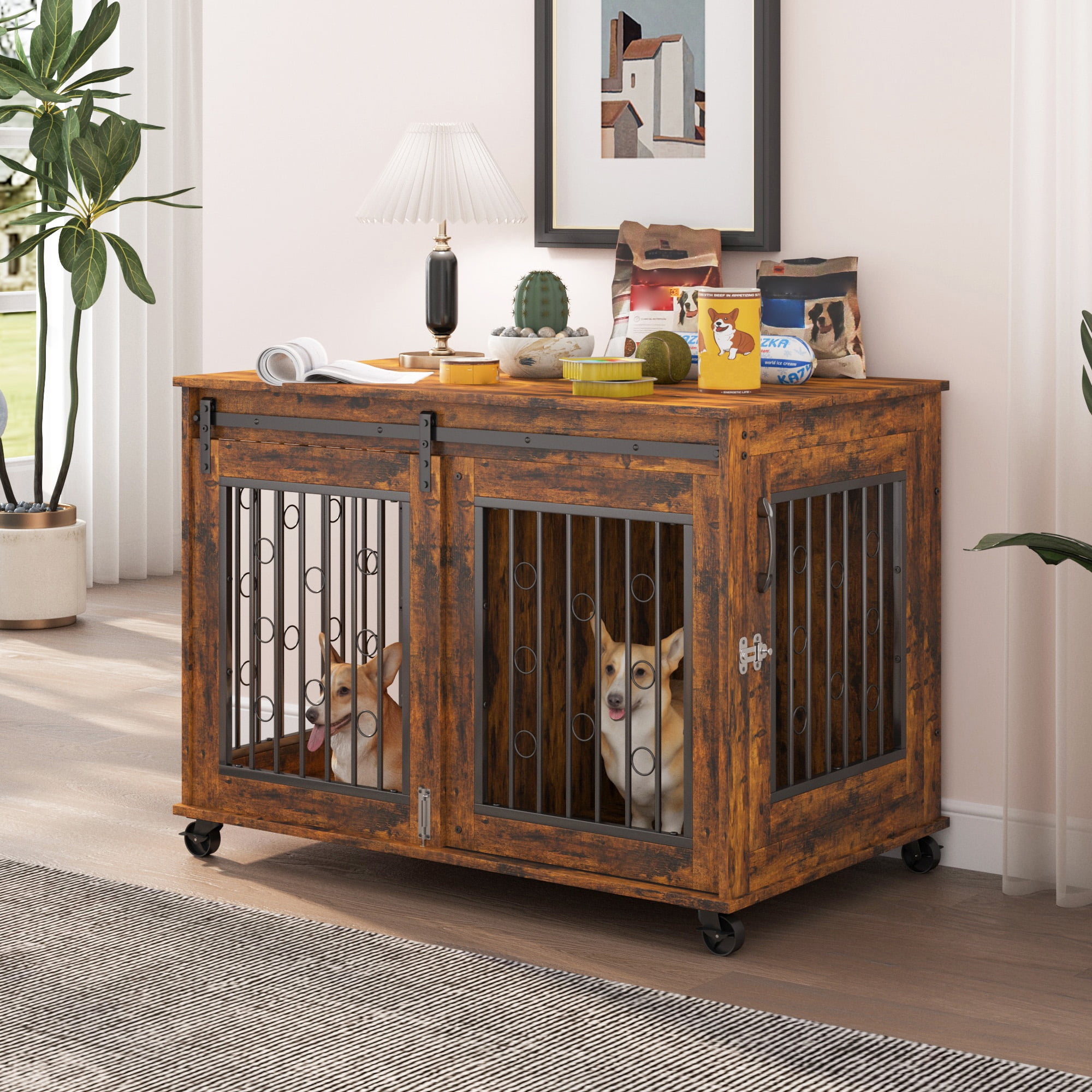 Sliding Door Dog Cage with Partition for Two Puppies, Rustic Brown, 39. ...