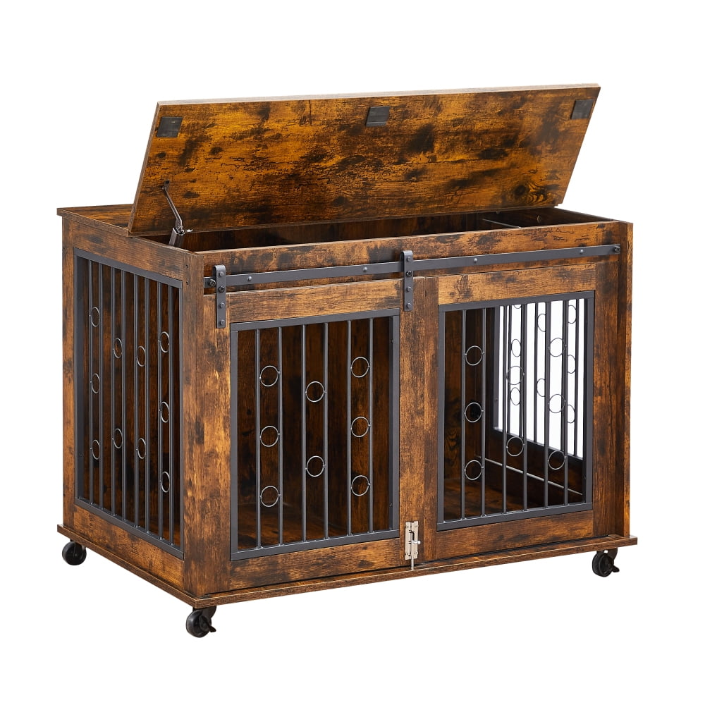 Sliding Door Dog Cage with Partition for Two Puppies, Rustic Brown, 39. ...
