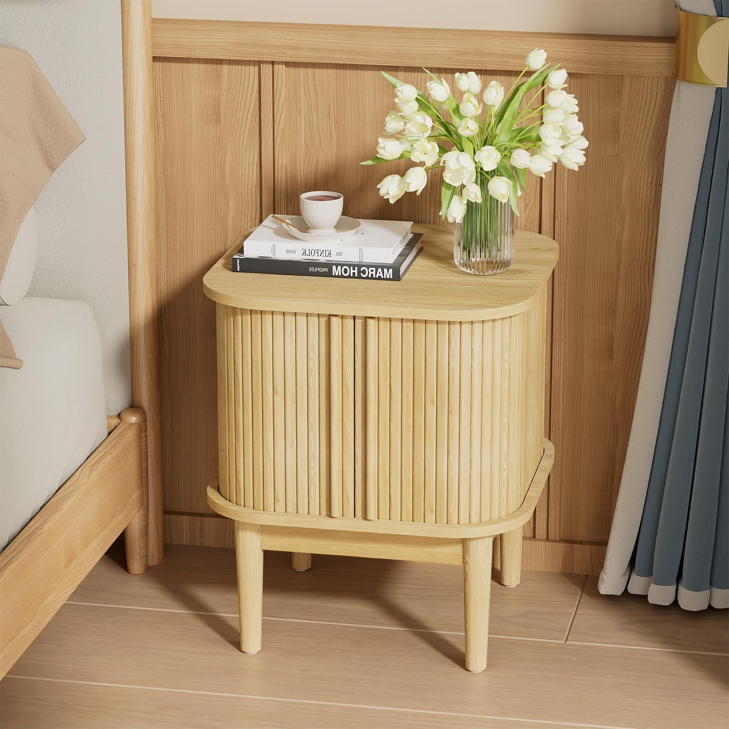 Sliding Door Nightstand, Natural Oak Storage End Table with Curved Edge ...