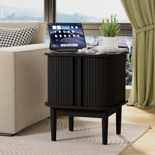 Sliding Door Tambour Nightstand, Black Storage End Table with Curved ...