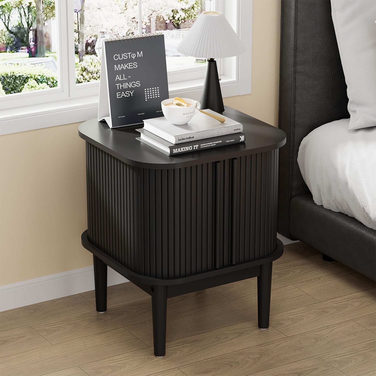 Sliding Door Tambour Nightstand, Black Storage End Table with Curved ...