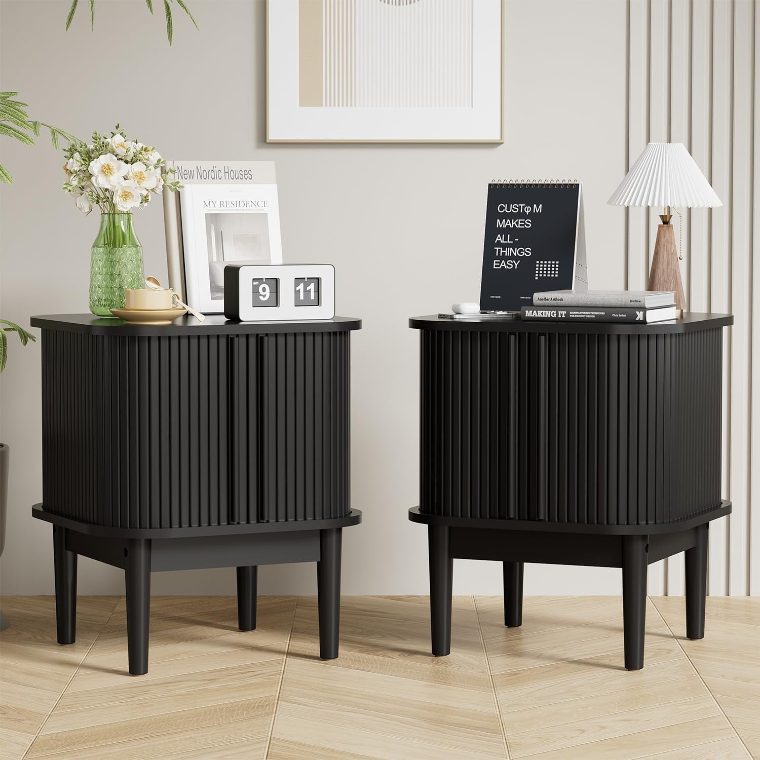 Sliding Door Tambour Nightstand Set of 2, Black Storage End Table with ...