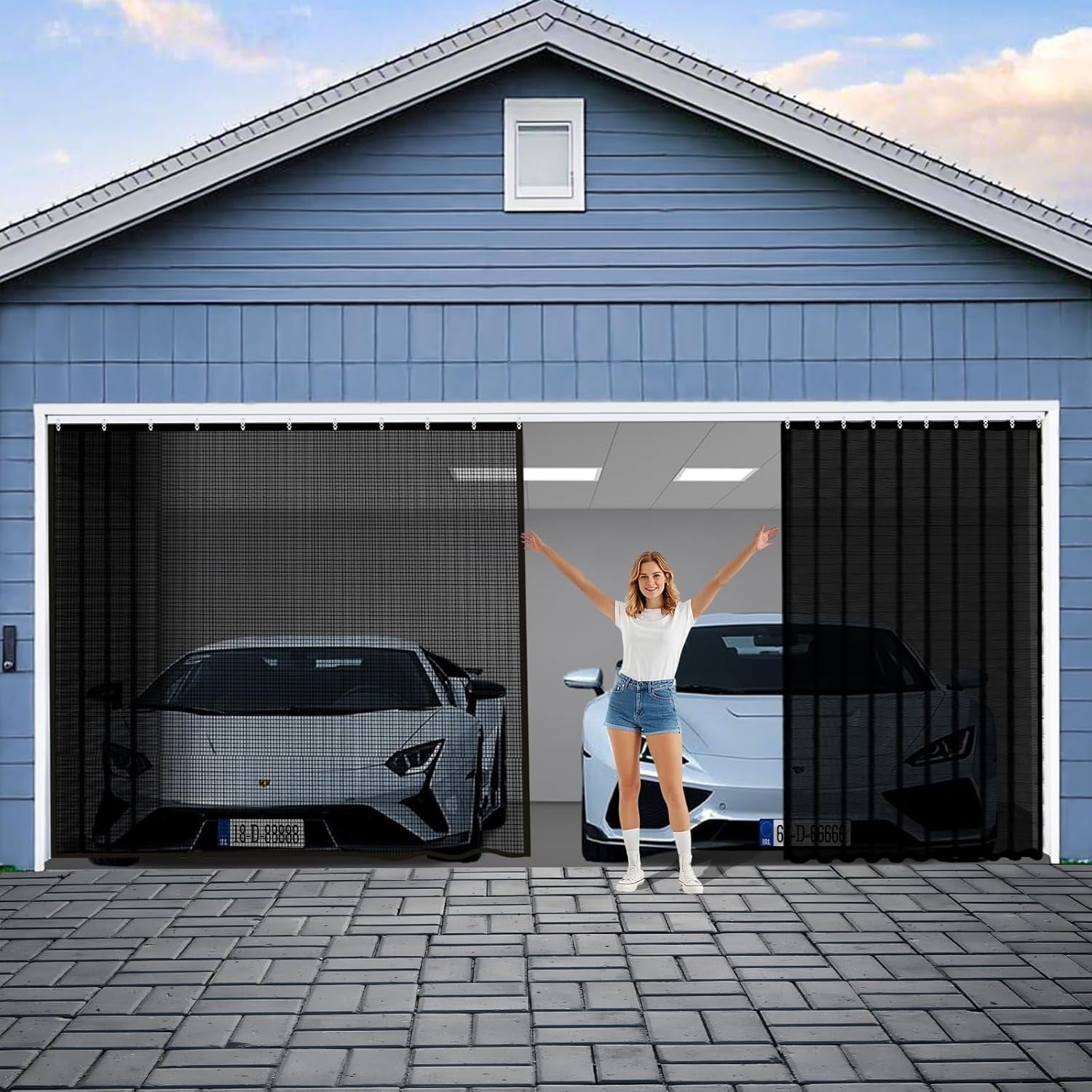 Sliding Garage Door Screen 2 Car with Track Closure,16x7Ft Garage Door Retractable Privacy ...