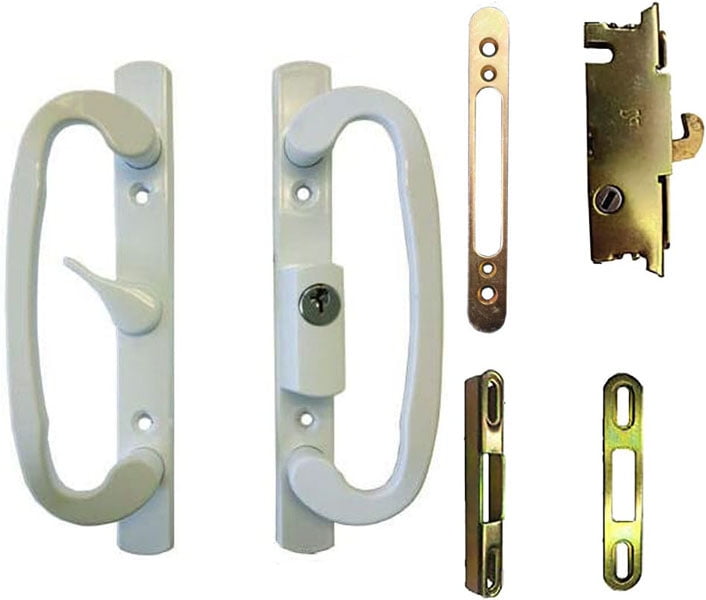 Keyed Sliding Glass Patio Door Handle Kit, White, Centered Latch Lever ...