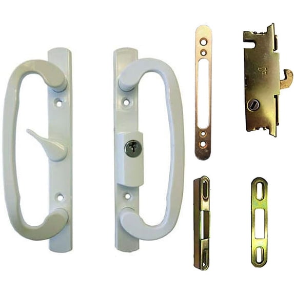 Keyed Sliding Glass Patio Door Handle Kit, White, Centered Latch Lever ...