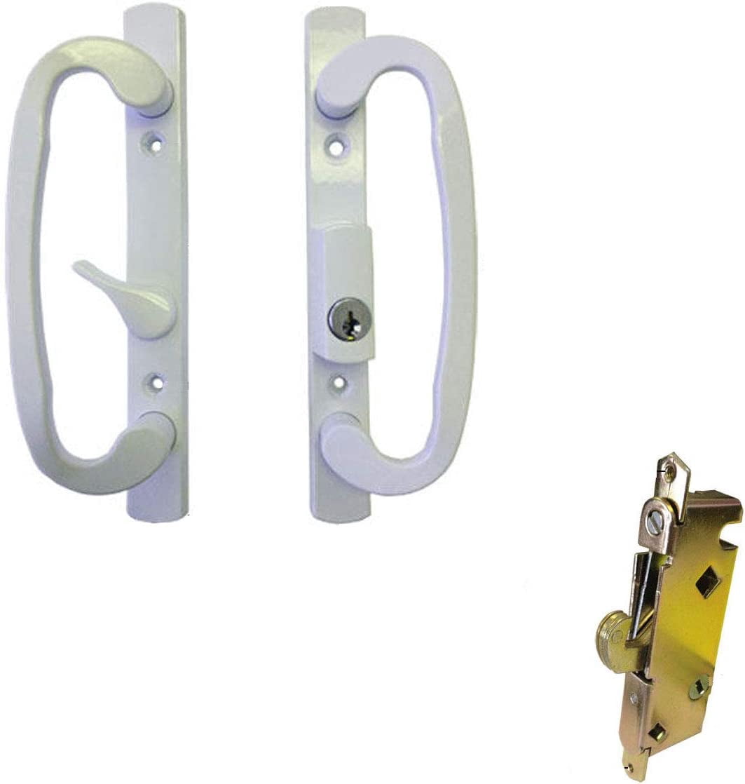 Sliding Glass Patio Door Handle Set with Mortise Lock, White, Keyed, 3 ...