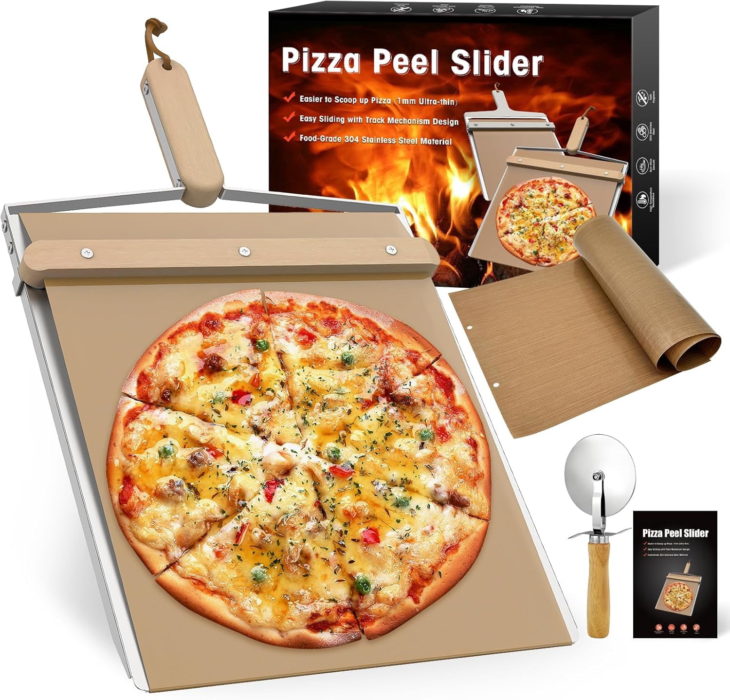 Sliding Pizza Peel, Non Stick Pizza Peel Slider 12 inch with Wood ...