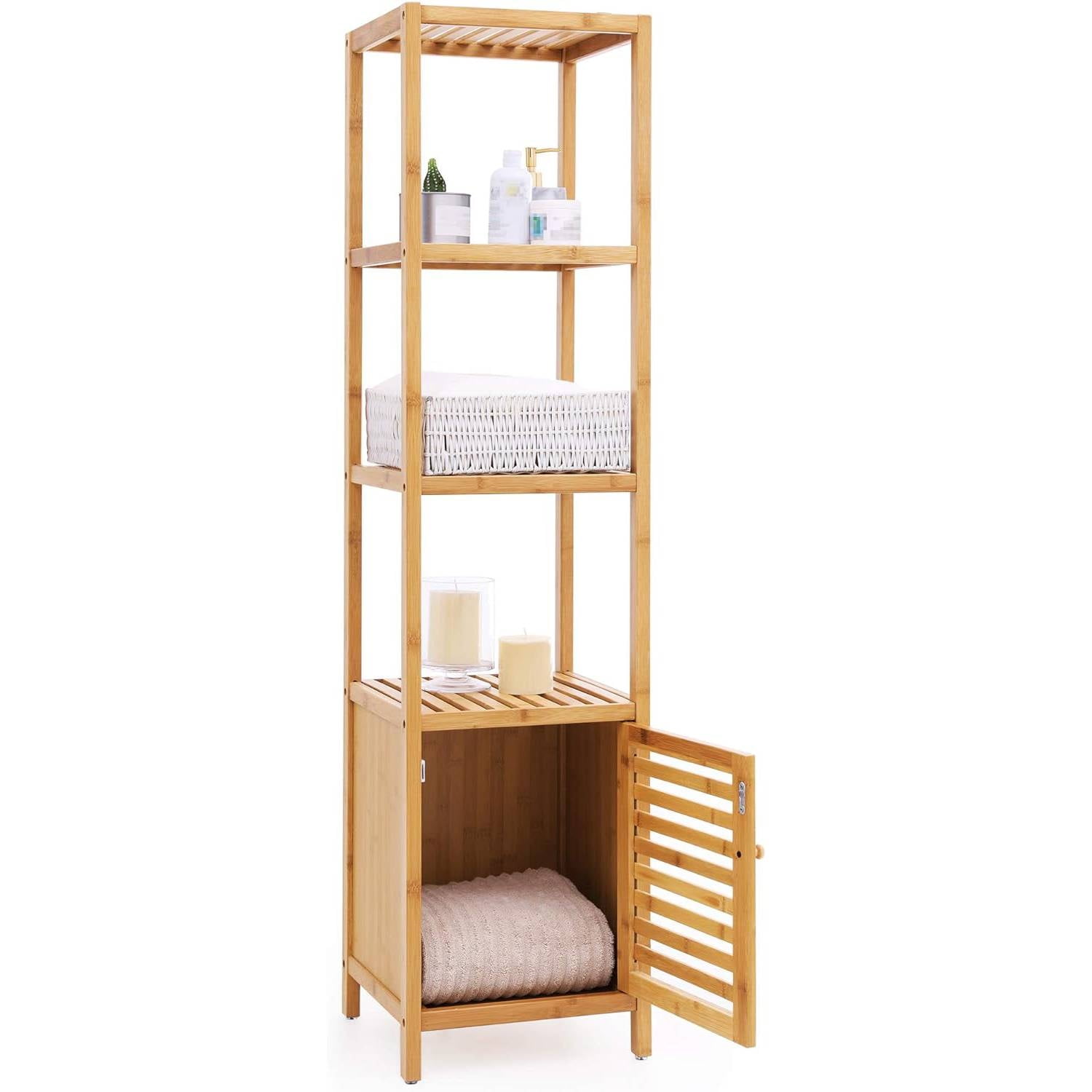 Slim 3-Shelf Bamboo Wood Bookcase Shelving Unit with Bottom Storage ...