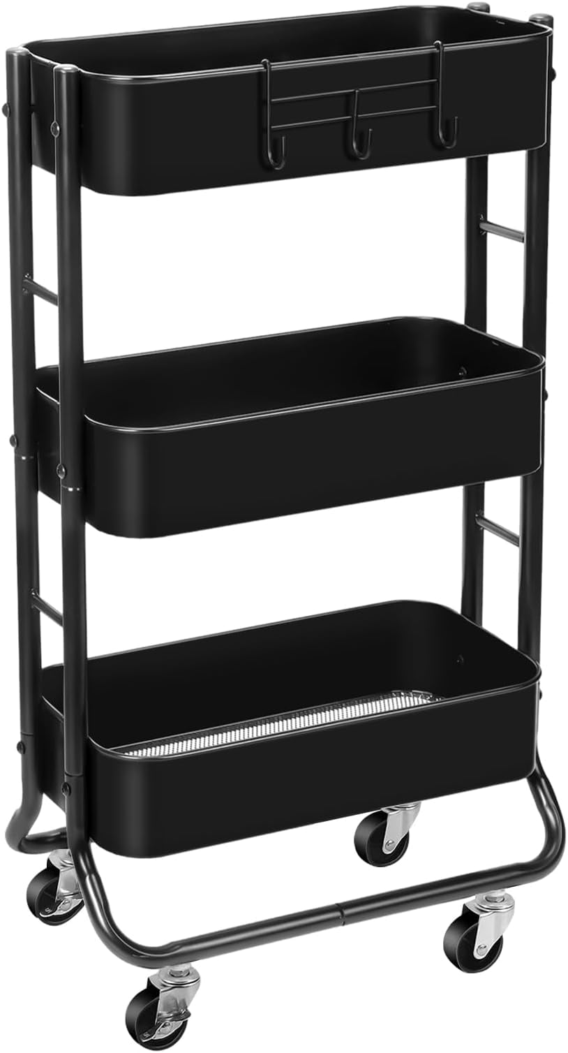 Slim 3-Tier Rolling Utility Cart, Narrow Metal Bathroom Storage ...