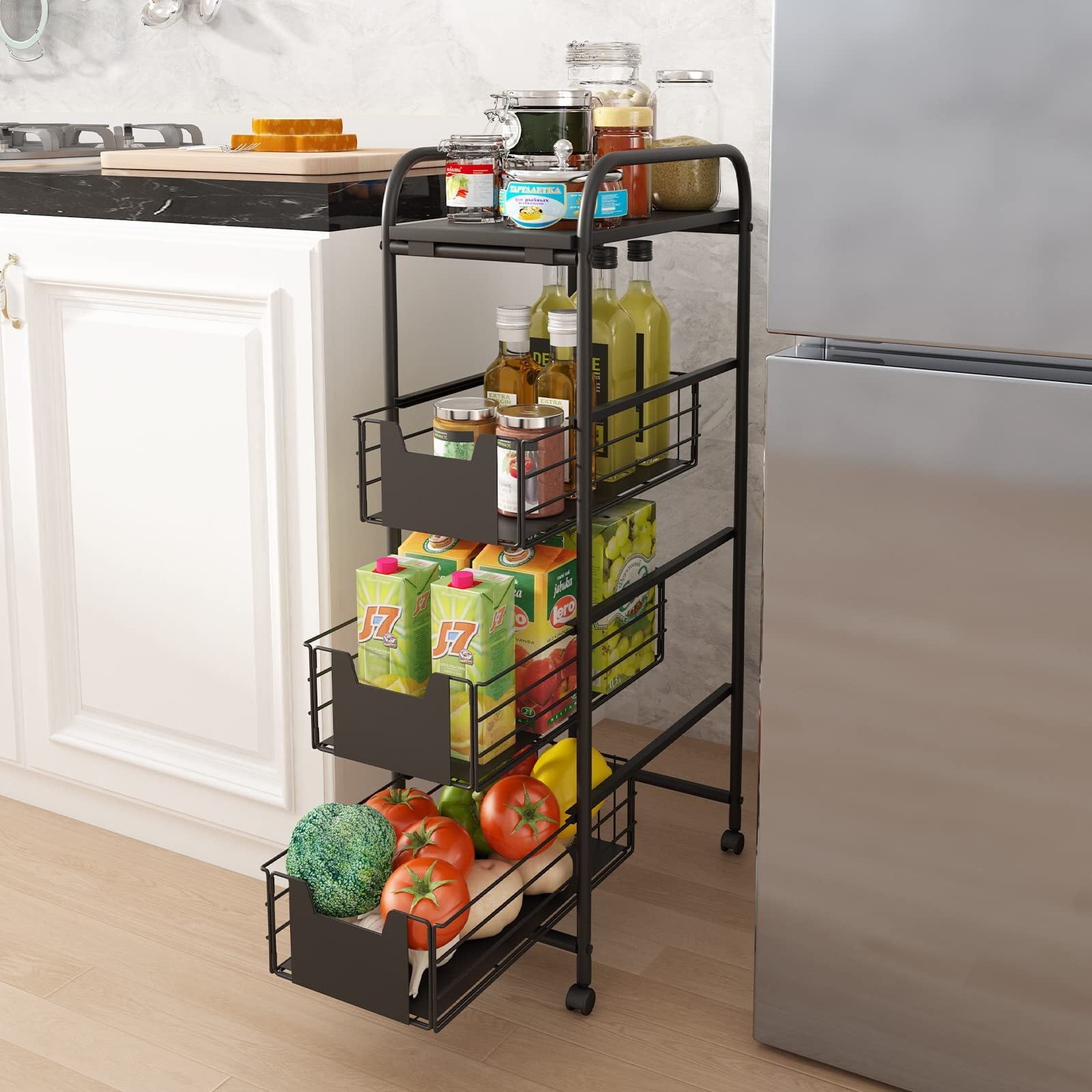 Slim 4-Tier Utility Cart, Narrow Rolling Storage Shelf for Kitchen and ...