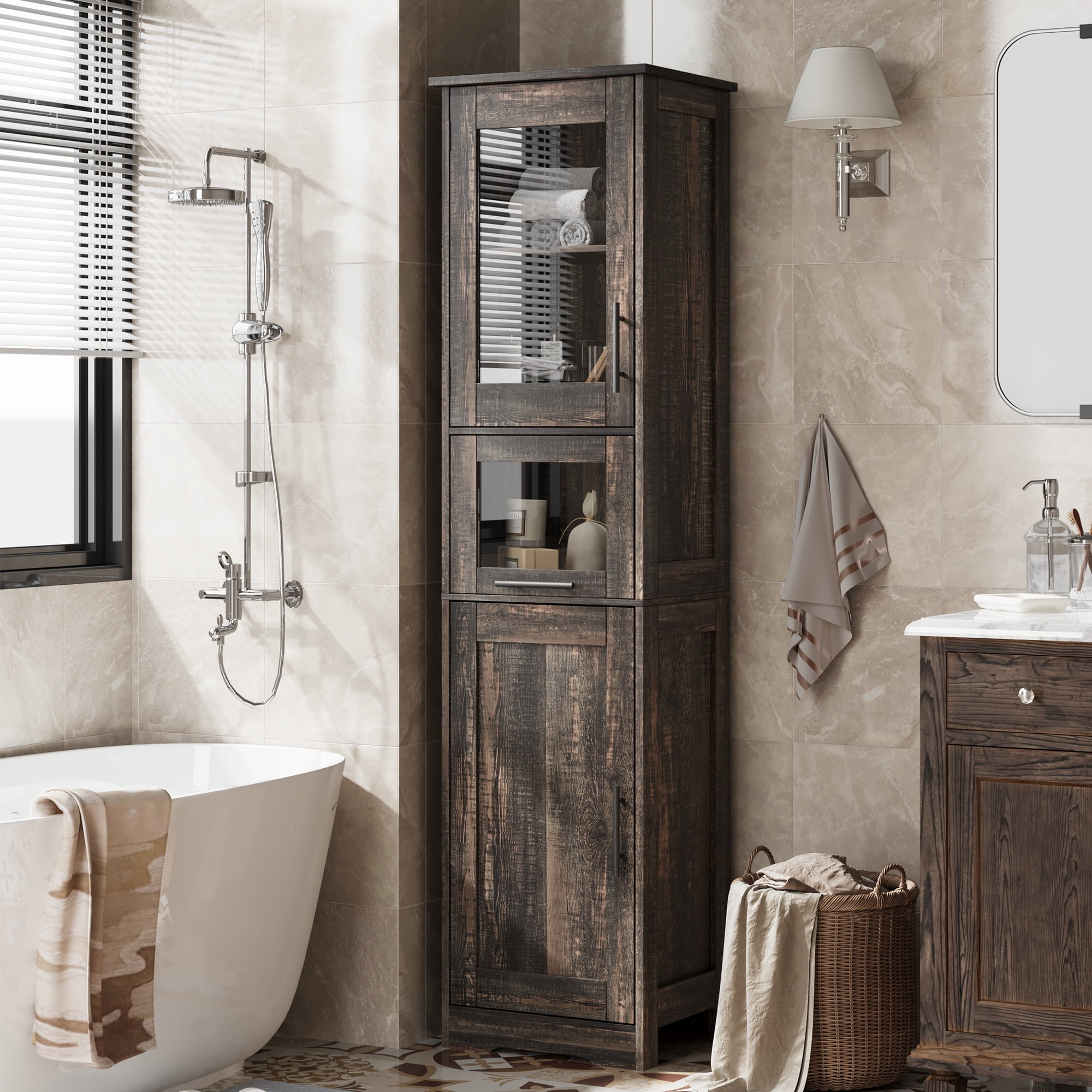 Slim Bathroom Cabinet, Tall Narrow Storage Cabinet with Glass Doors and ...