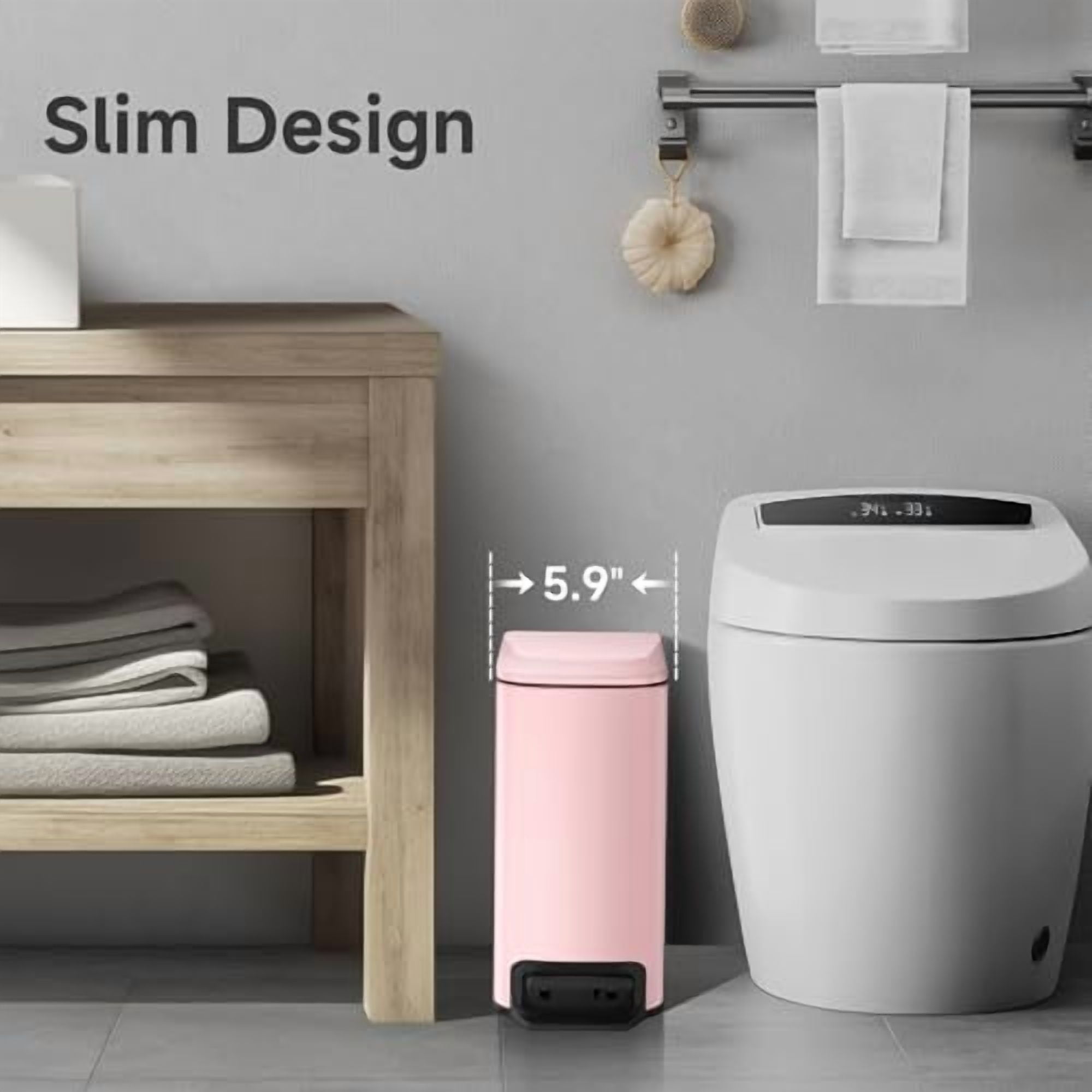 Slim Bathroom Trash Can with Lid Soft Close, 6 Liter / 1.6 Gallon ...