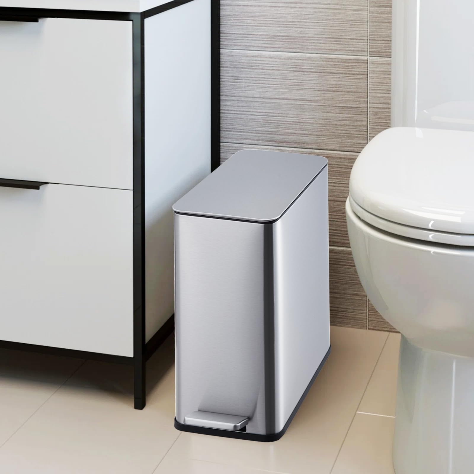 Slim Bathroom Trash Can with Lid Soft Close, Step Pedal, 10L/ 2.6 Gallon Stainless Steel Trash ...