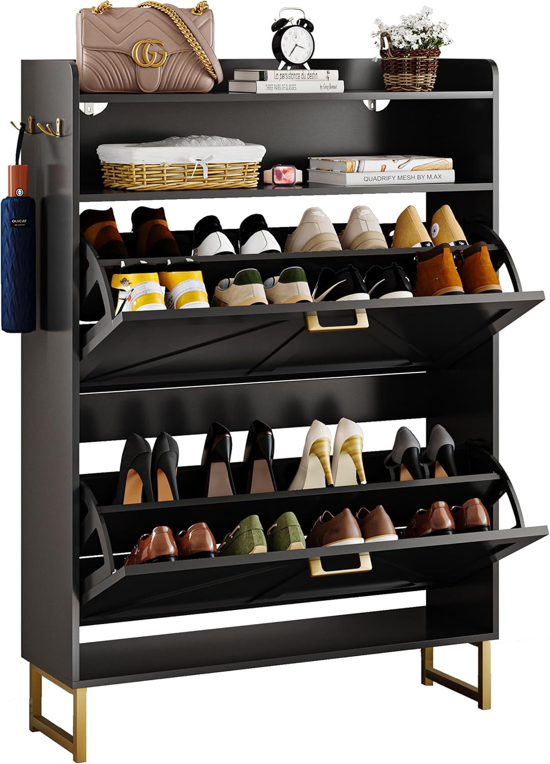 Slim Black Shoe Cabinet with 2 Flip Drawers, Freestanding Wooden Shoe ...