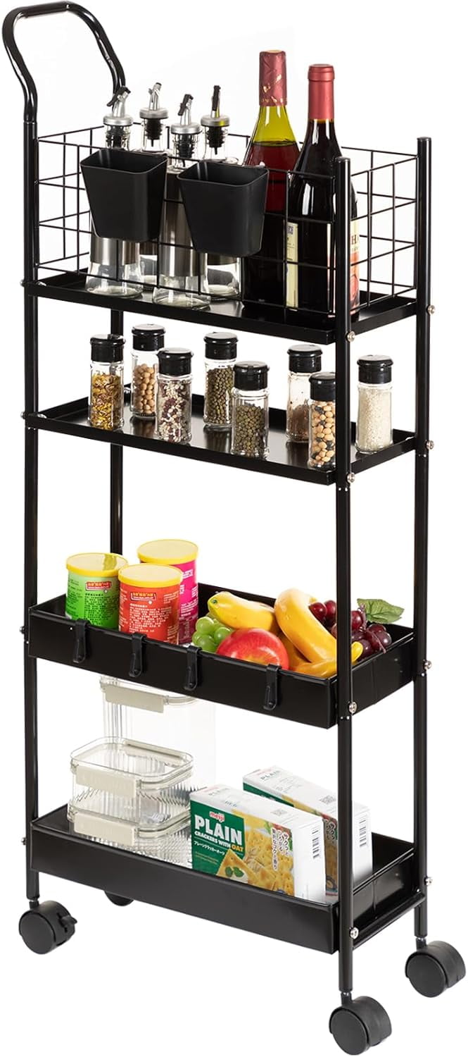 Slim Cart on Wheels, 7.7'' Metal Skinny Rolling Cart with Hooks and ...