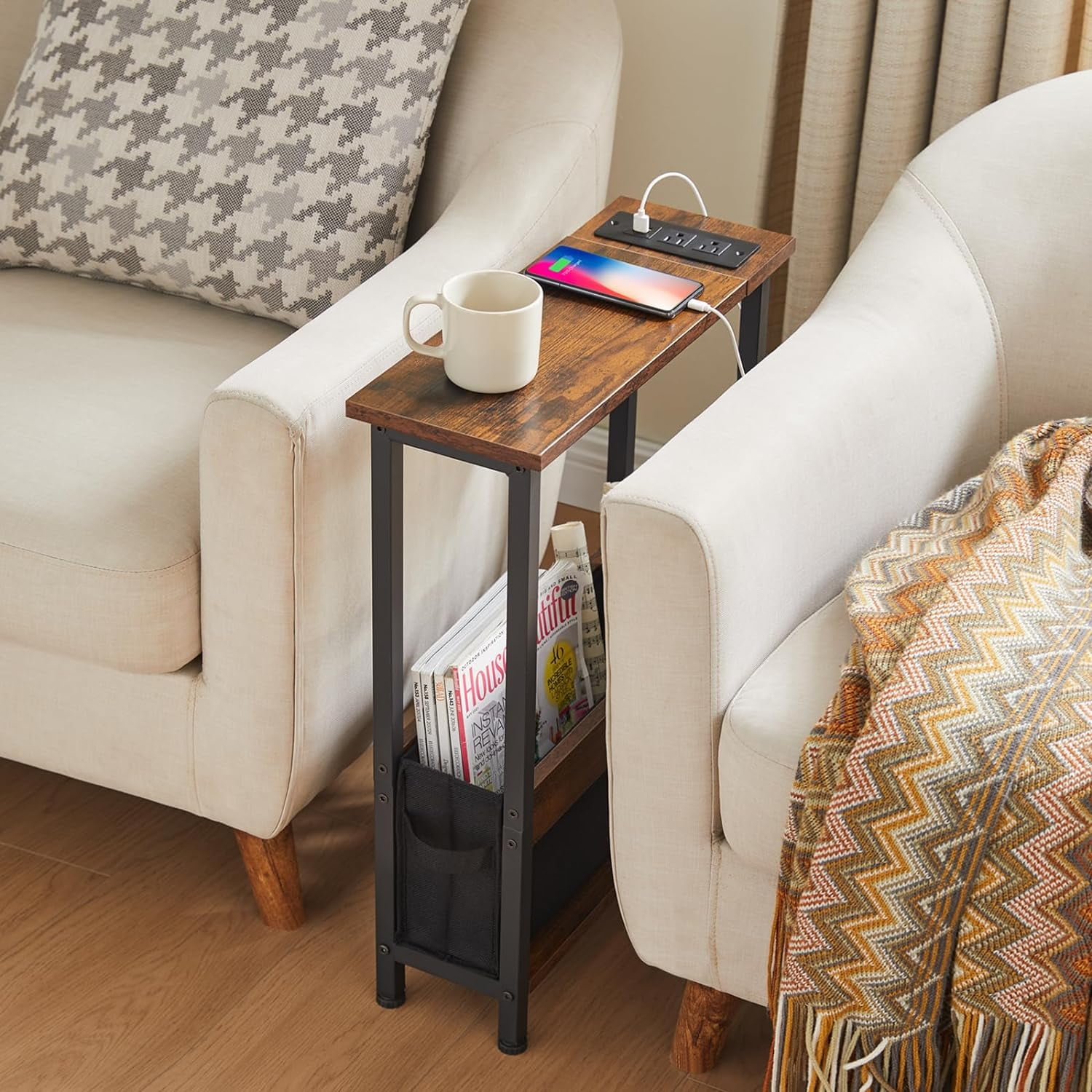 Slim Charging End Table with Storage - For Small Spaces and Bedroom ...