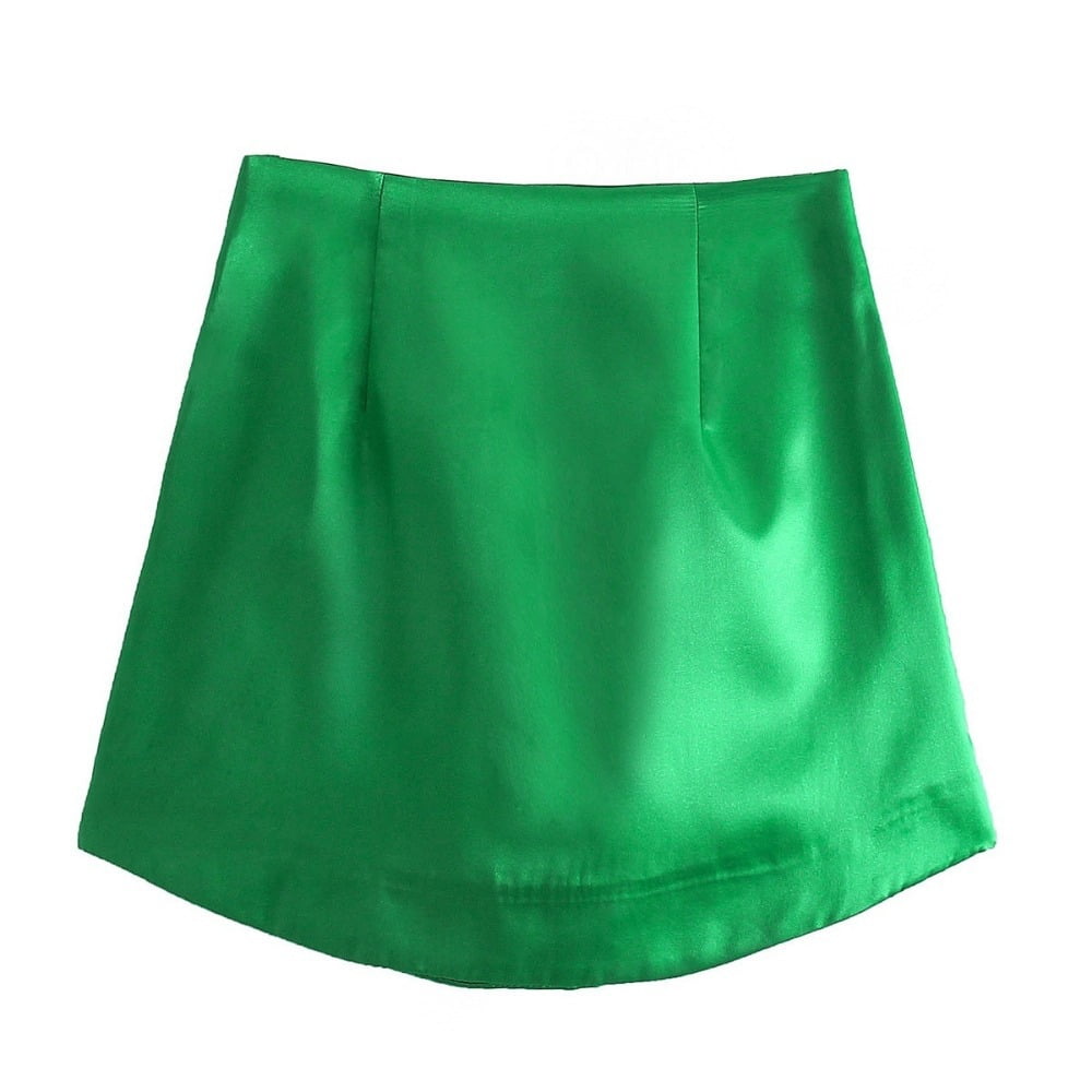 Slim Chic Elegant Women Mini Skirts Green Satin High Street Solid Side ...