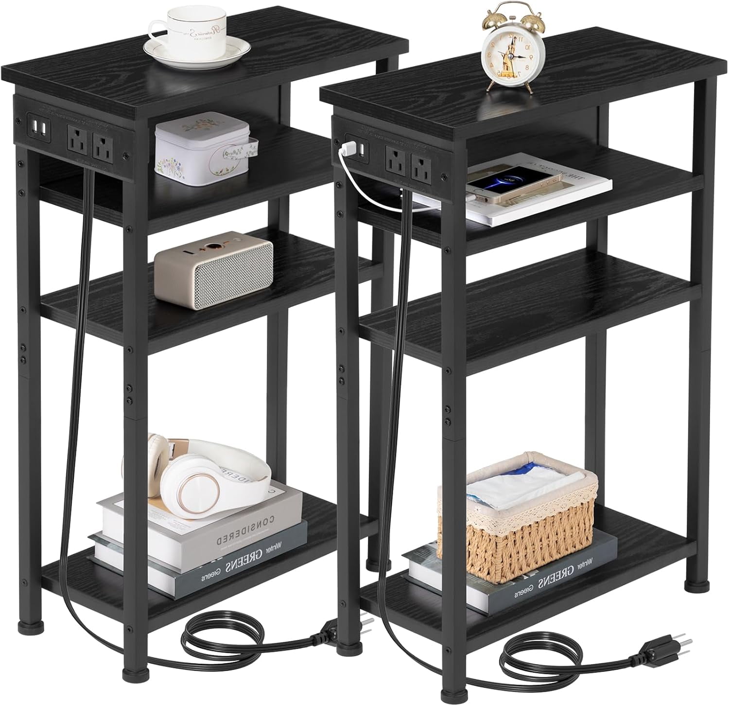 Slim End Table with Charging Station, Set of 2, Small Spaces Side Table ...