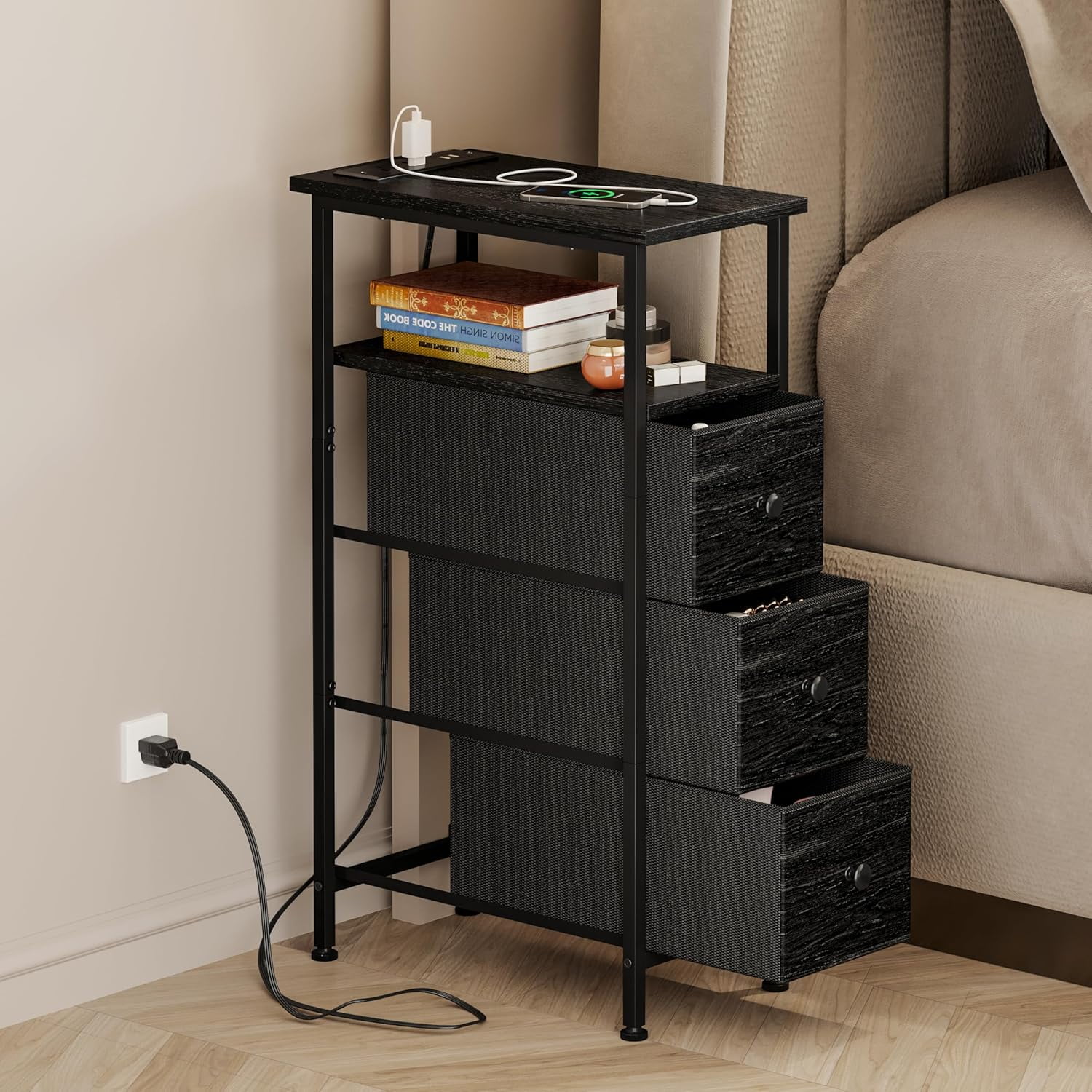 Slim End Table with Charging Station, Small Nightstand Featuring 3 ...
