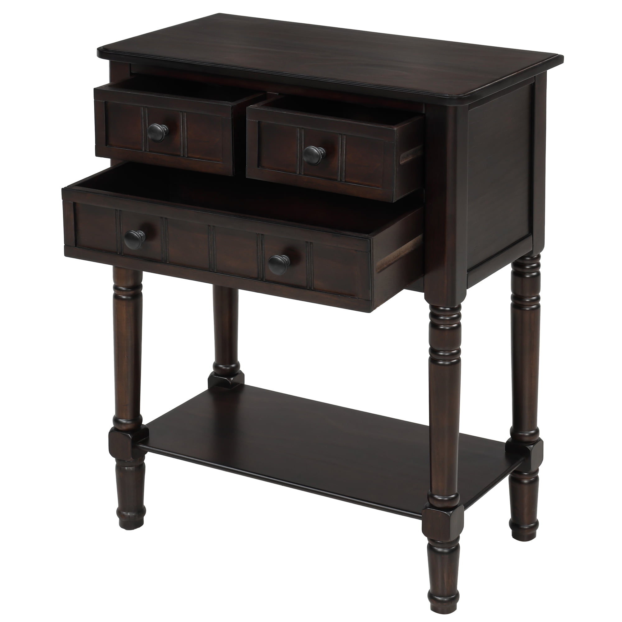 Slim Espresso Console Table with Three Storage Drawers, Bottom Shelf ...