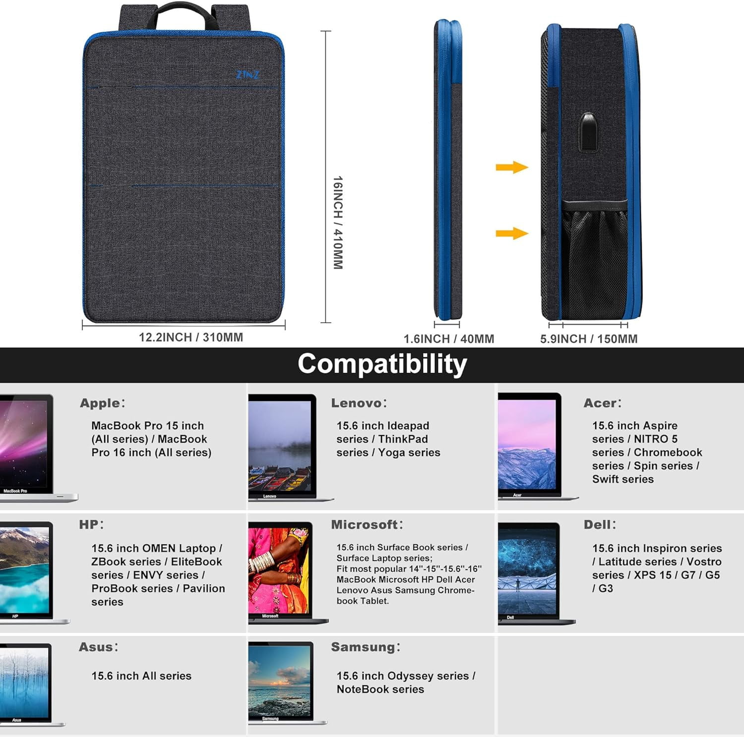 Slim & Expandable Laptop Backpack 15 15.6 16 Inch Sleeve With Usb Port ...
