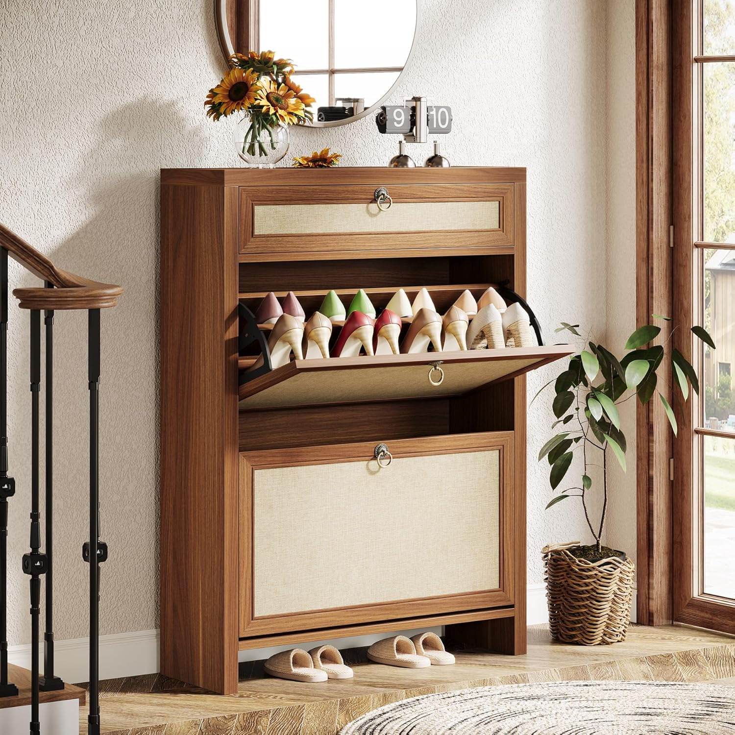 Slim Farmhouse Entryway Shoe Storage Cabinet with Two Flip-Up Drawers ...