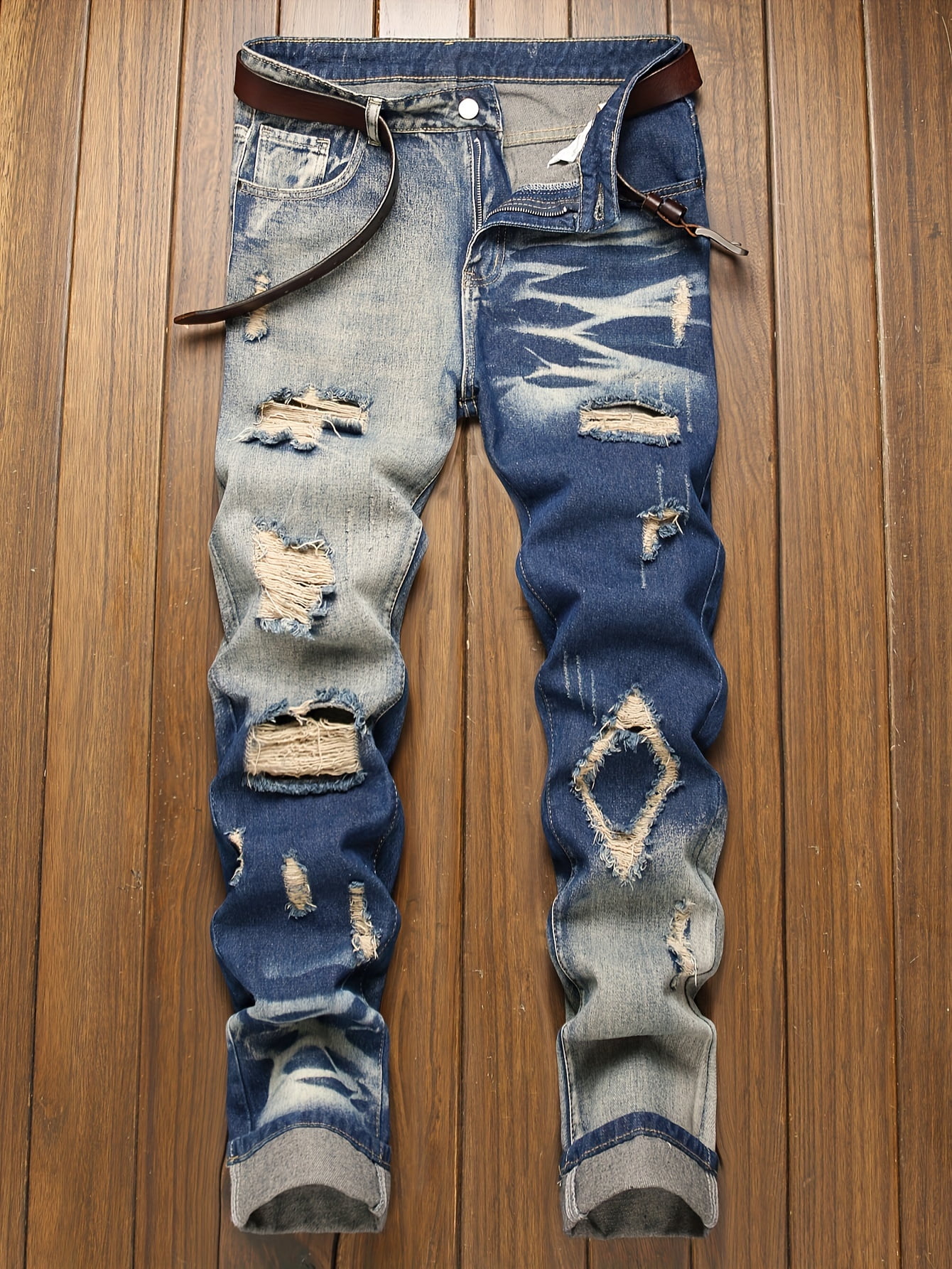 Slim Fit Ripped Jeans, Men's Casual Street Style Distressed Jeans ...