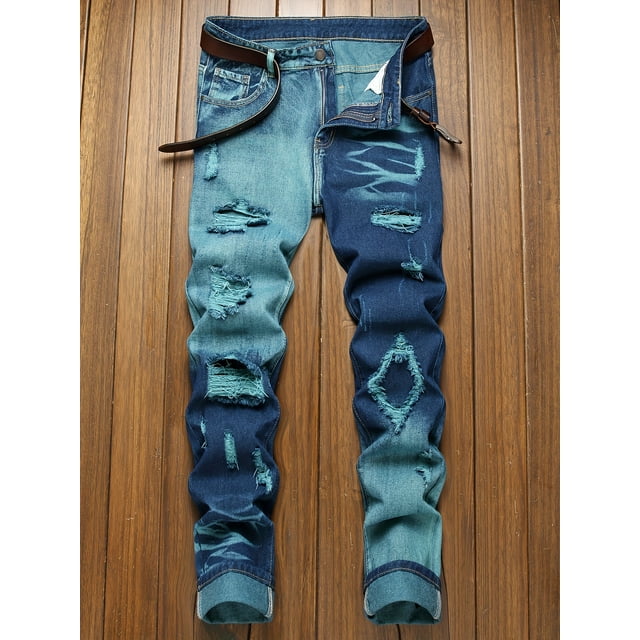 Slim Fit Ripped Jeans, Men's Casual Street Style Distressed Jeans ...