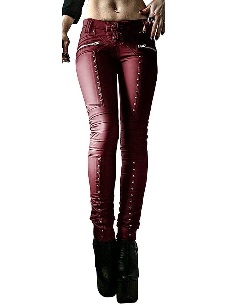 Slim Fit Rivet Patchwork Leather Pants Women Punk Style Drawstring ...