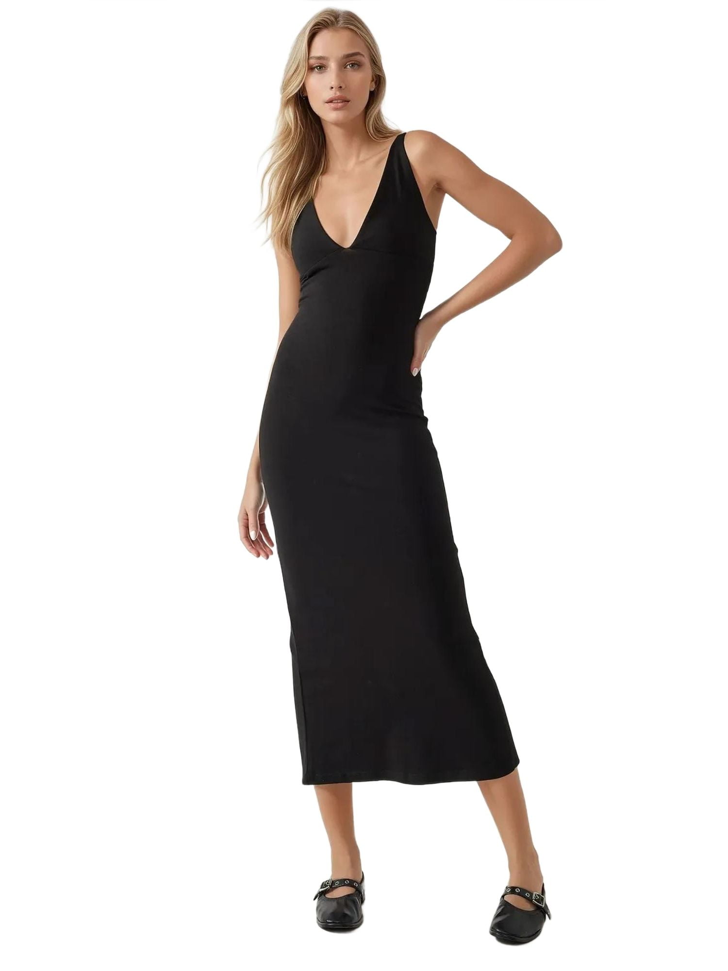Slim Fit V-Neck Basic Midi Dress - Walmart.com