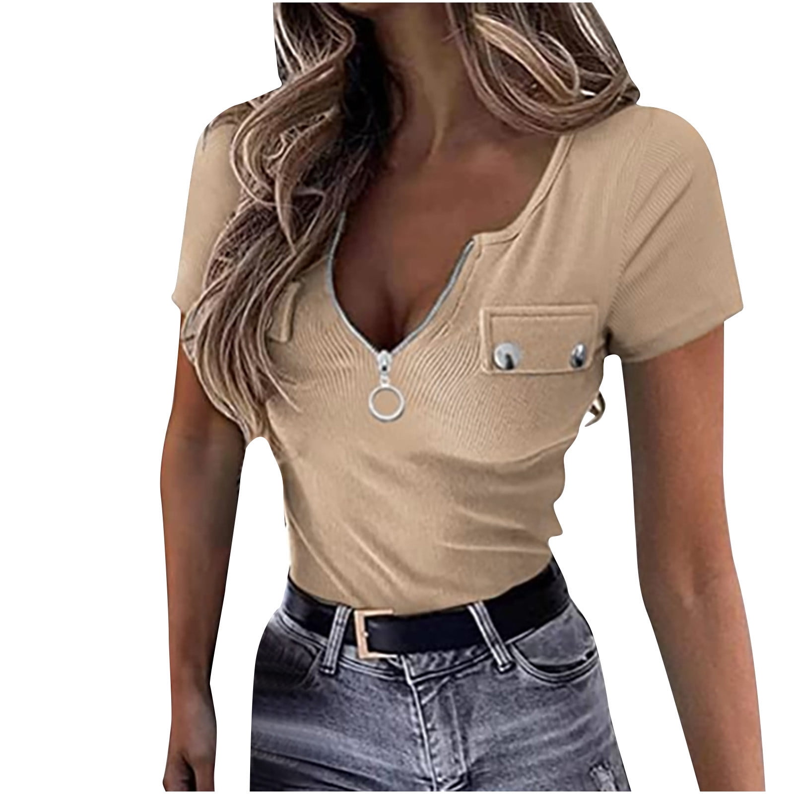 Slim Fitted Tops for Women Summer Short Sleeve V-Neck Zipper Corset ...