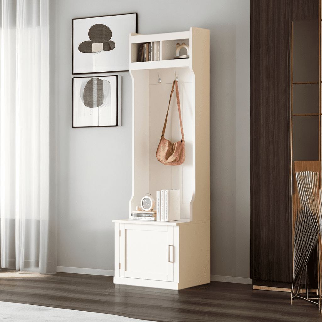 Slim Hall Tree Entryway Coat Rack with Cabinet & 6 Hanging Hooks ...