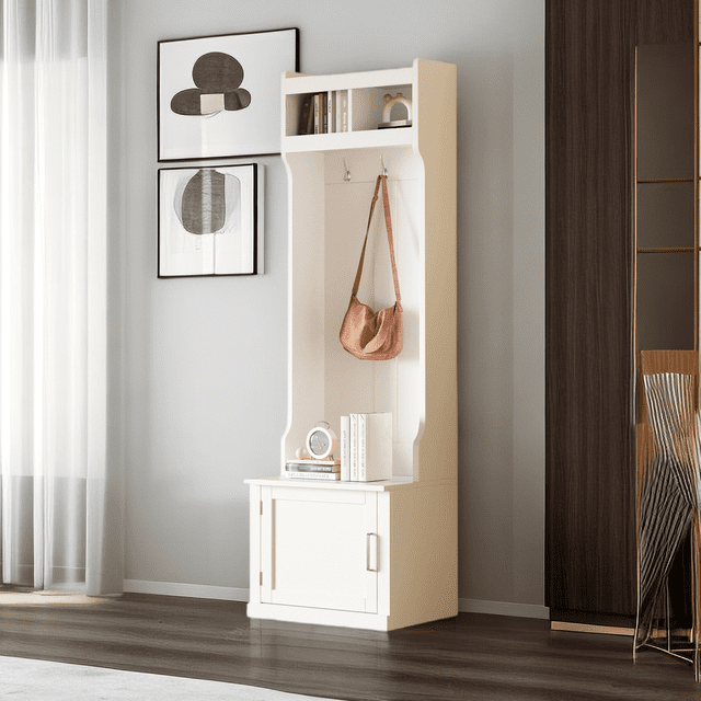Slim Hall Tree Entryway Coat Rack with Cabinet & 6 Hanging Hooks ...