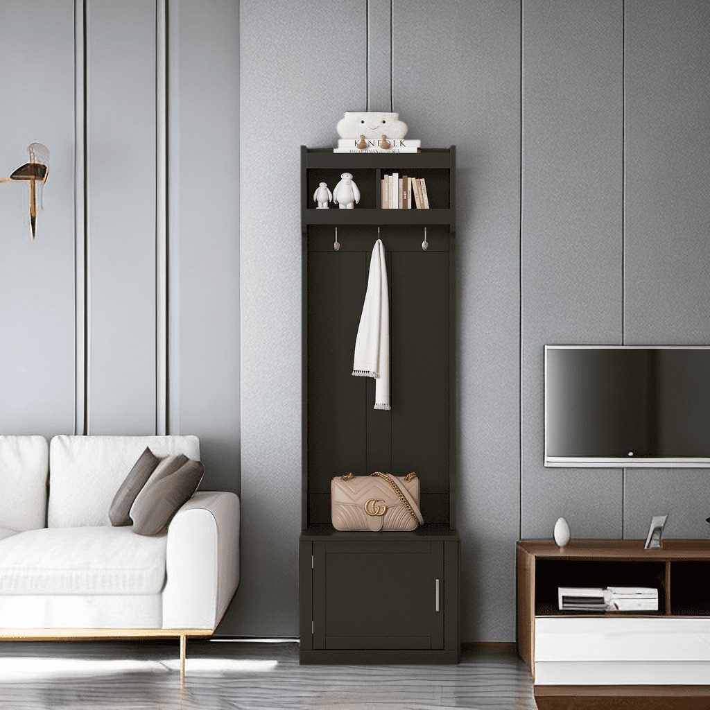Slim Hall Tree Entryway Coat Rack with Cabinet & 6 Hanging Hooks ...