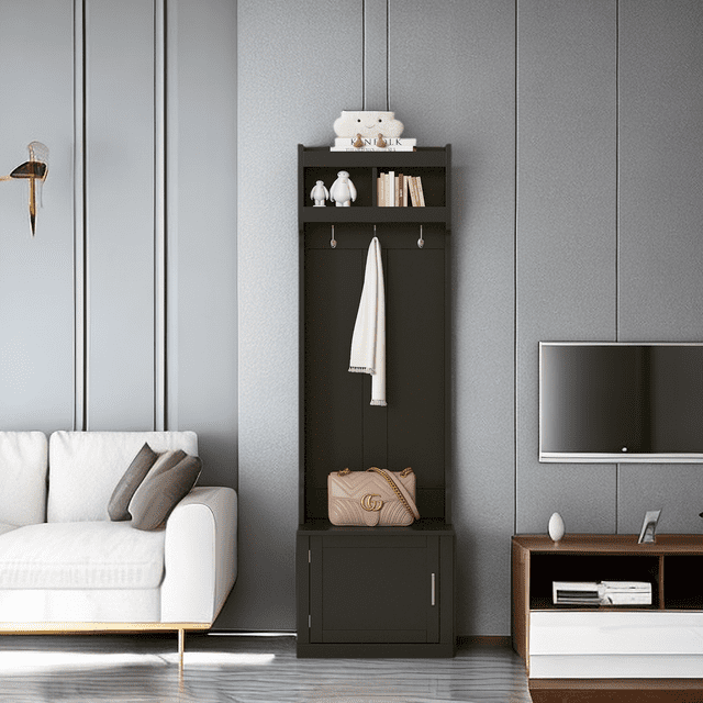 Slim Hall Tree Entryway Coat Rack with Cabinet & 6 Hanging Hooks ...