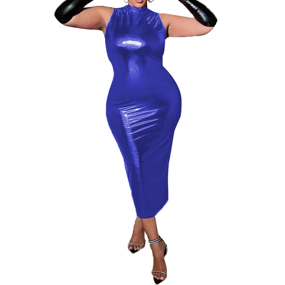 Slim High Neck Sleeveless Party Dress Metallic Shiny Sexy Women Evening ...