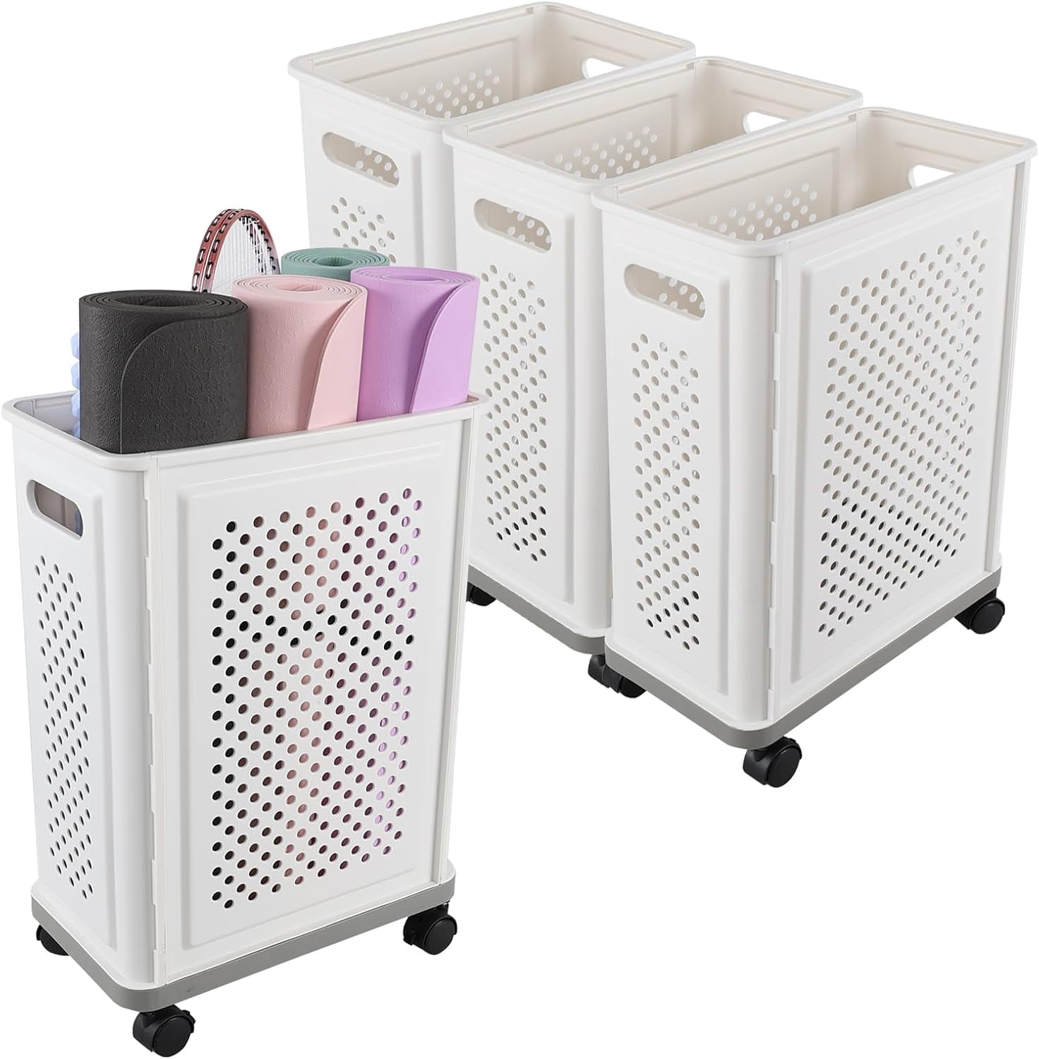 Slim Home Gym Basket with Wheels, Plastic Laundry Hamper Baskets Set of ...