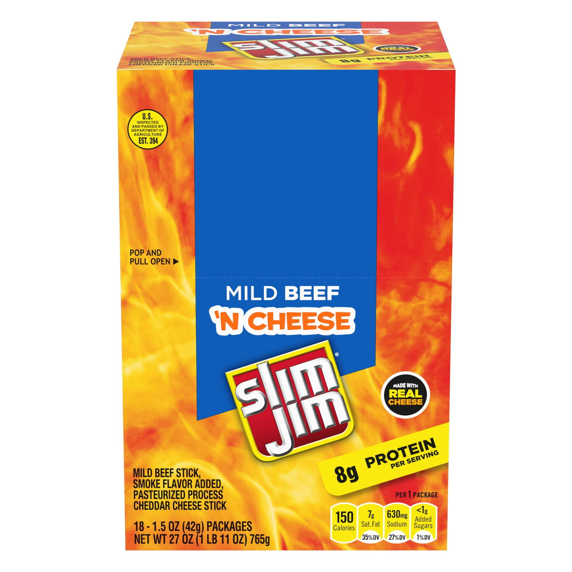 Slim Jim Beef 'N Cheese Smoked Meat Sticks, Mild Flavor, 8g Protein Per ...