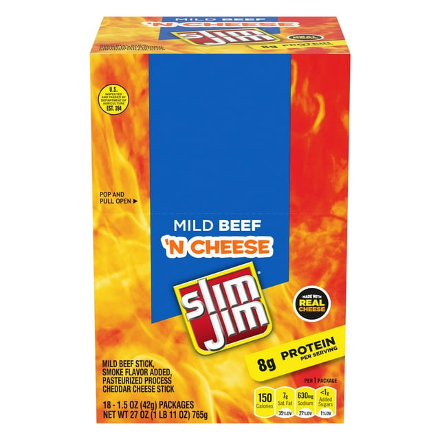 Slim Jim Beef N Msf2 Cheese Smoked Meat Sticks Mild Flavor 8g