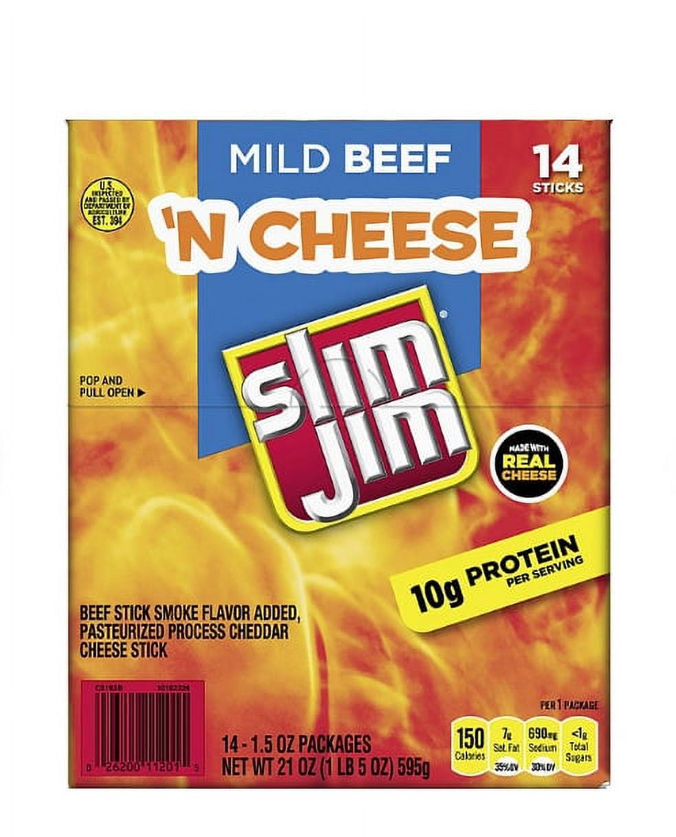 Slim Jim Beef 'n Cheese Stick - 14 CT, Cheddar Meat Snacks - Walmart.com