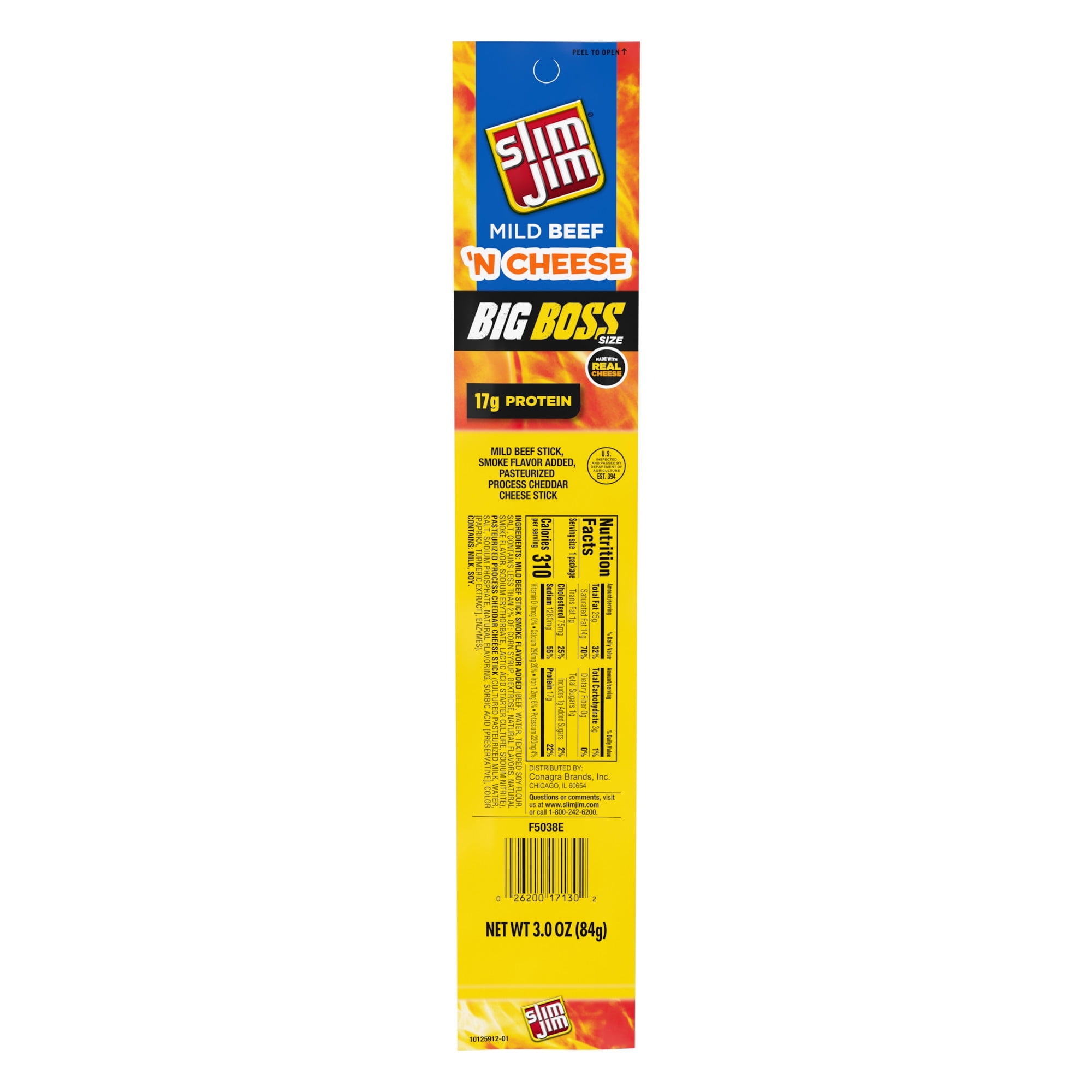 Slim Jim Big Boss Size Mild Beef and Cheese Stick, Meat Snacks, ( 3 oz ...